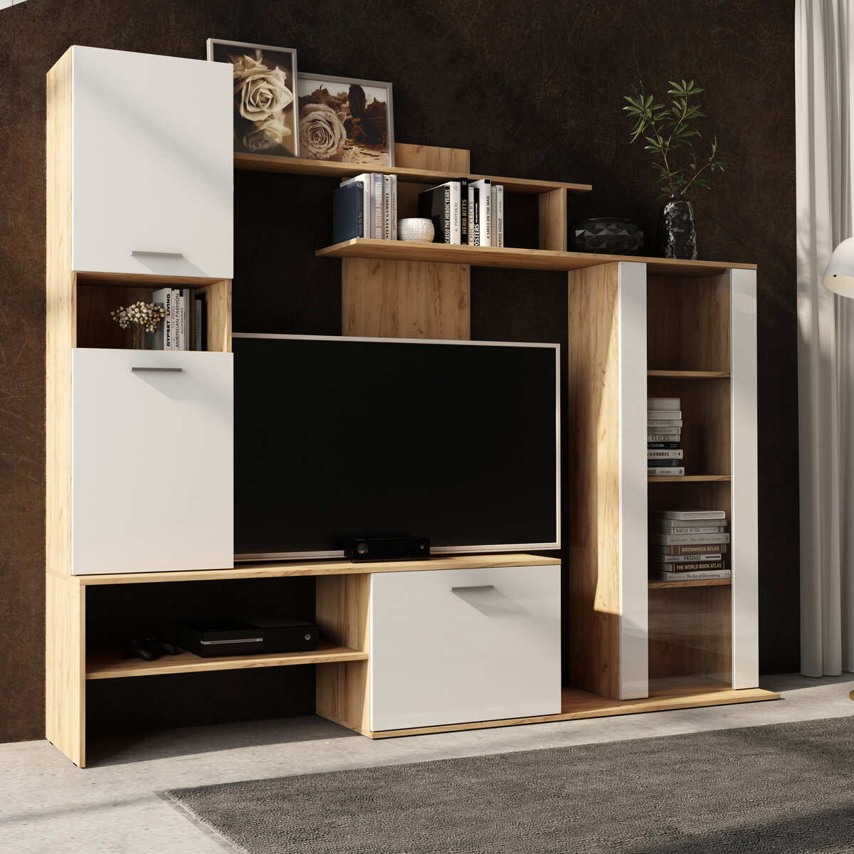 Гостиная стенка Данко Эра Дуб Вотан/Белый гладкий, ш230*в186*г39 см.