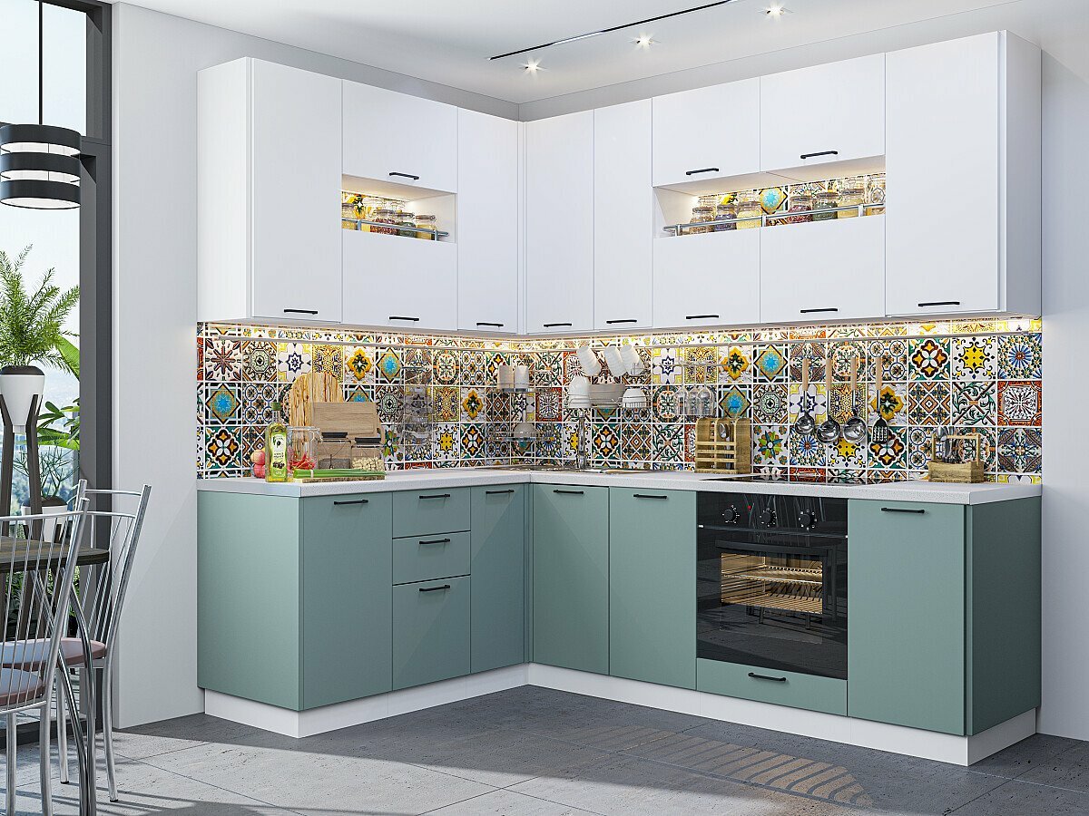 Кухня Флэт-02, цвет фасада White In 2S/Grey-green In 2S, цвет каркаса Белый, 2340*1700/2400*600 мм