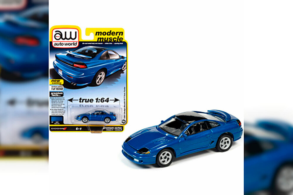 Модель коллекционная AUTO WORLD Dodge stealth r/t twin turbo (1991), mystic blue metallic (длина модели 6-10 см)