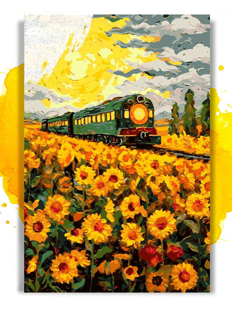 Картина по номерам на холсте Поезд в поле подсолнухов, 40 х 60 см