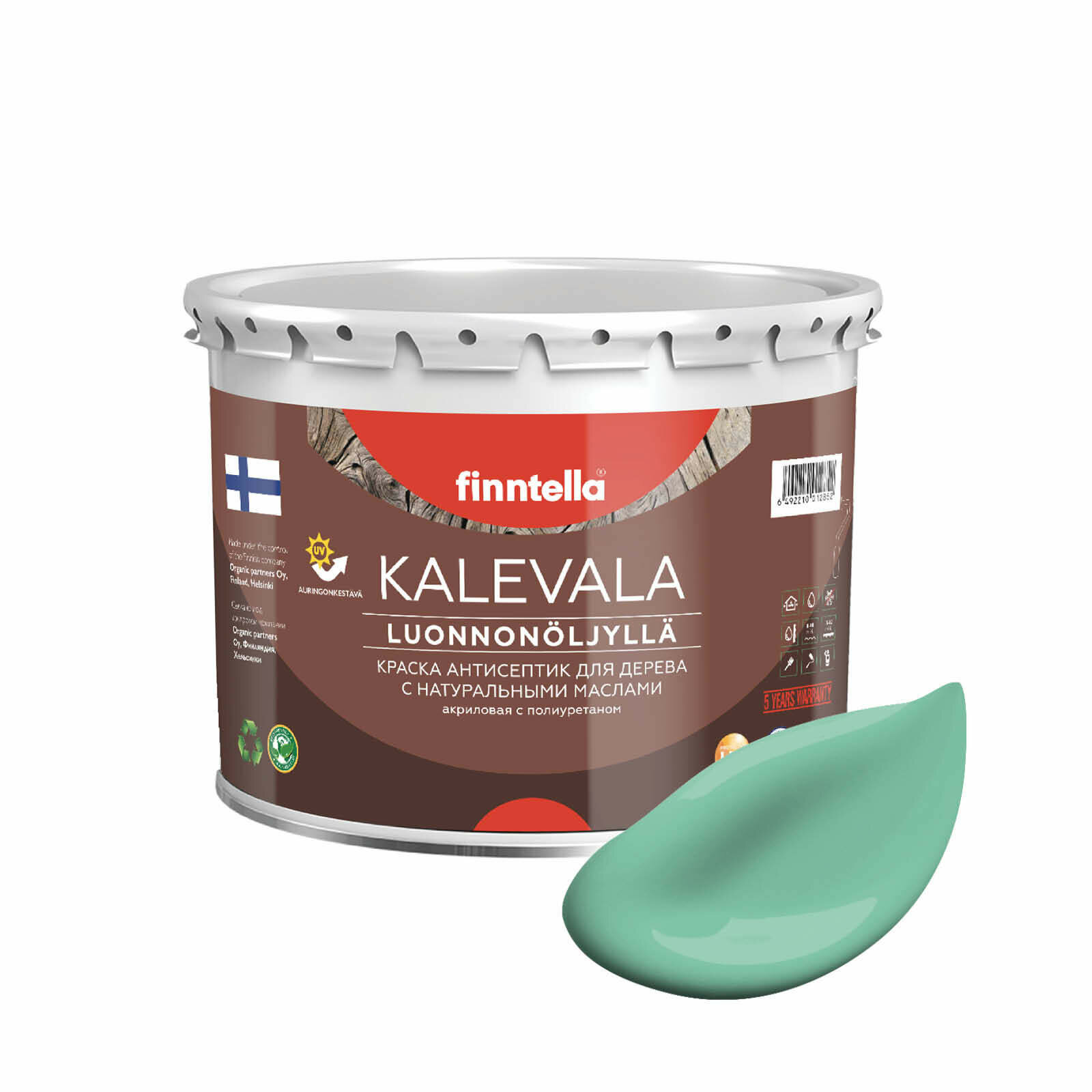 Краска для дерева и деревянных фасадов FINNTELLA KALEVALA, с натуральным маслом и полиуретаном, цвет VIILEA (светло-бирюзовый) , 2,7л