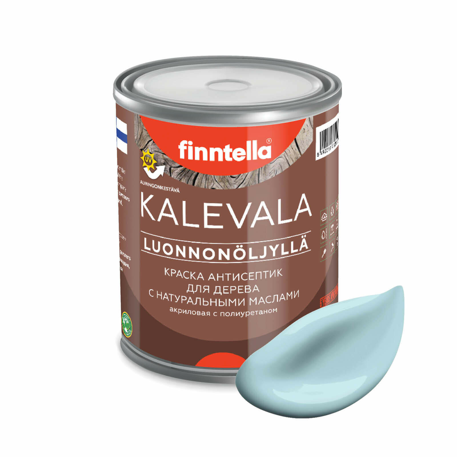 Краска для дерева и деревянных фасадов FINNTELLA KALEVALA, с натуральным маслом и полиуретаном, цвет JAATA (светло-голубой) , 0,9л