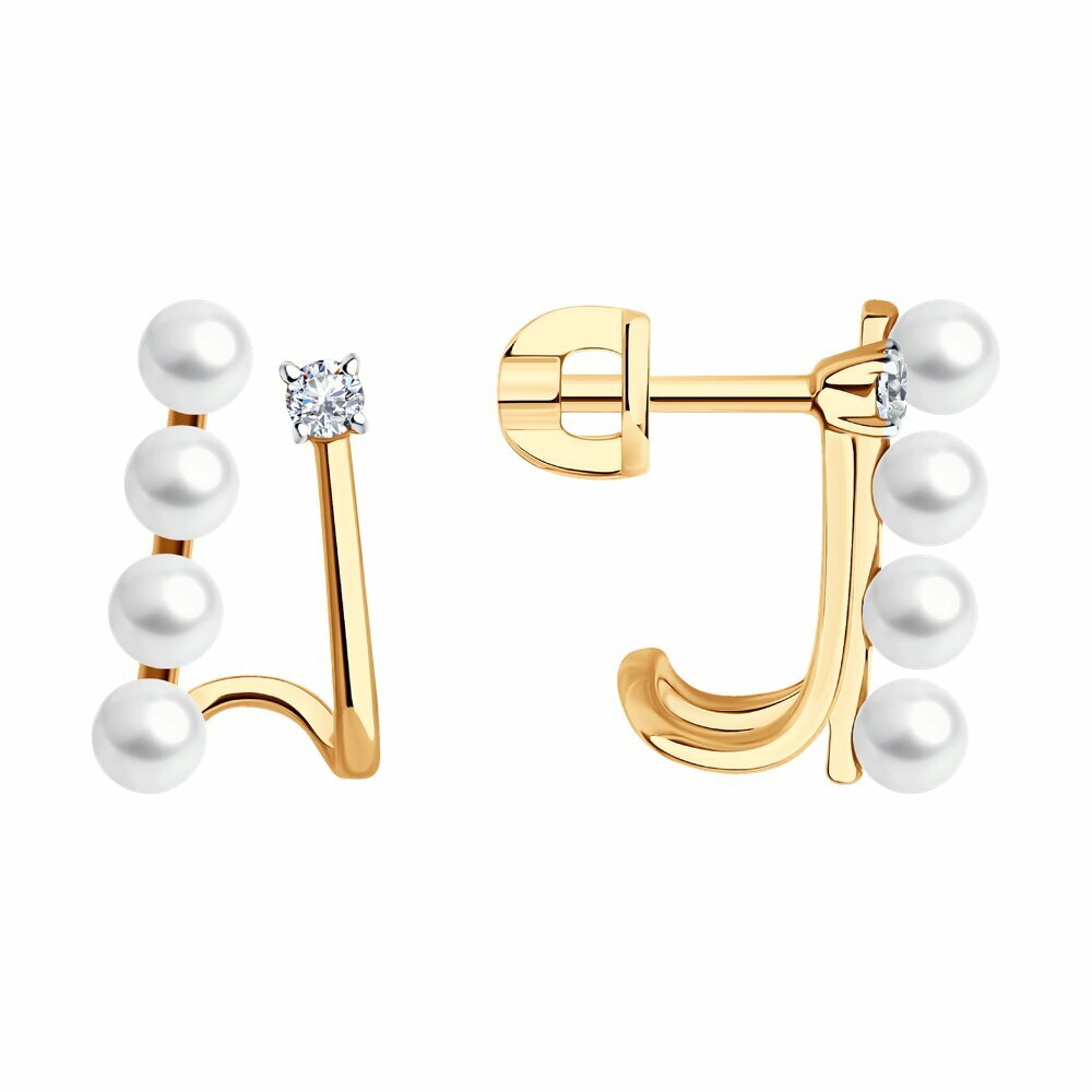 Серьги, красное золото, 585 проба, жемчуг пресноводный культивированный, фианит