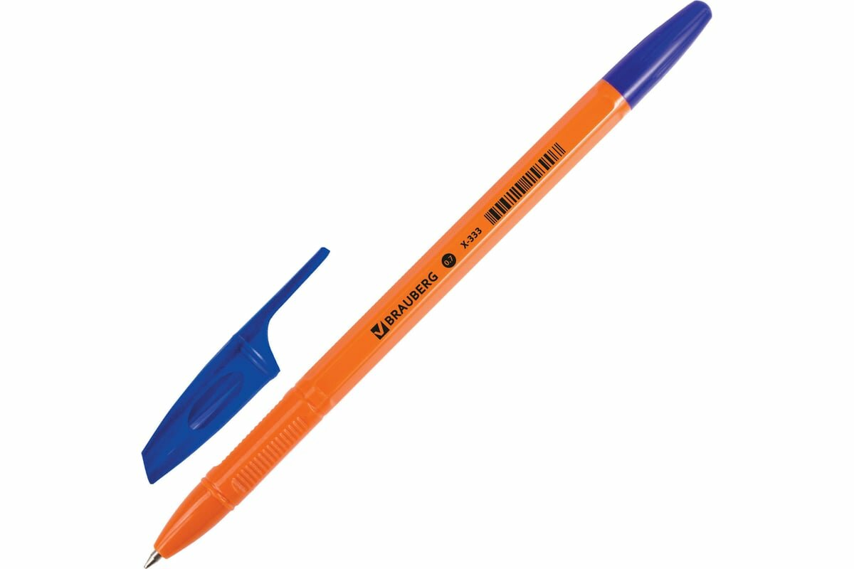 BRAUBERG шариковая ручка X-333, 0.7 мм, синий корпус, оранжевый узел, 50 шт в упаковке
