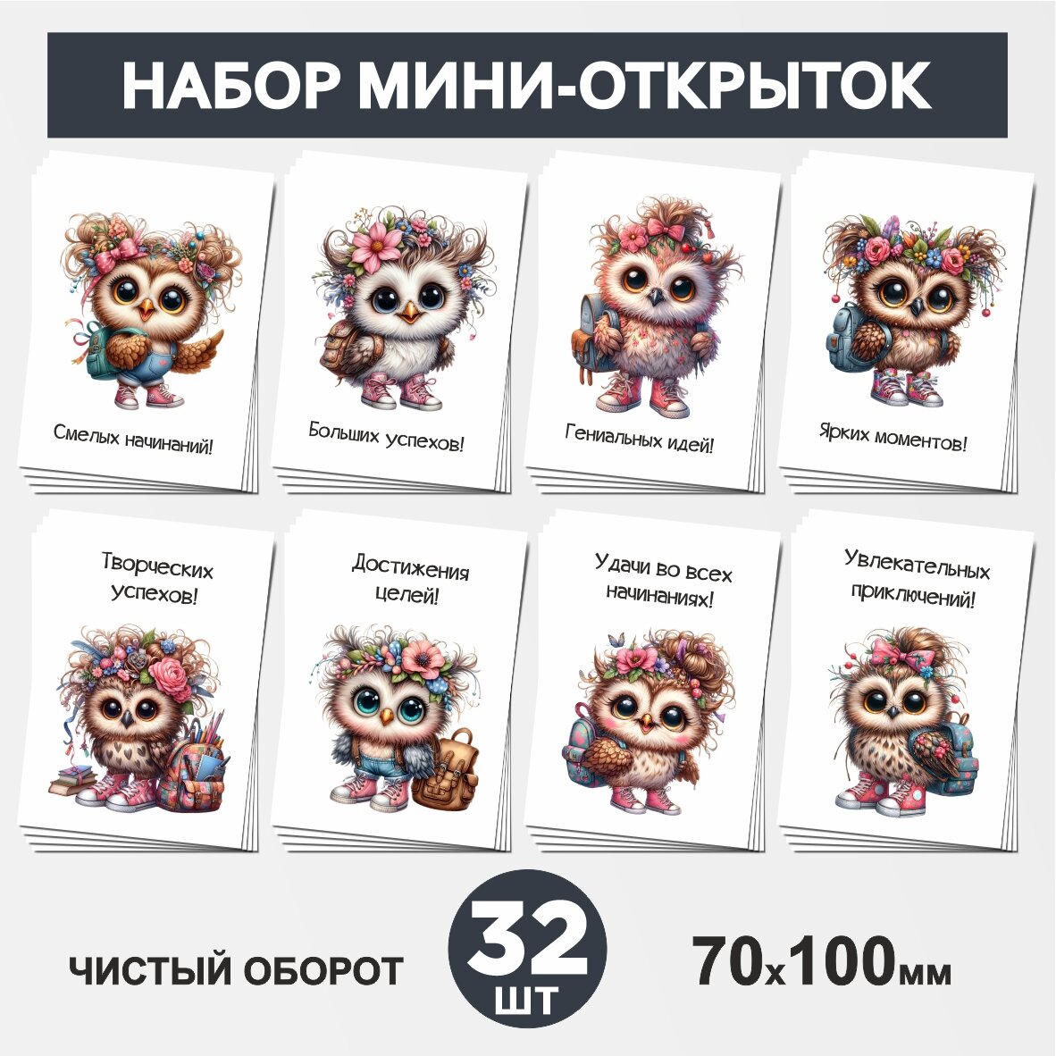 Набор мини-открыток 32 шт, 70х100мм, для подарков выпускнику, 1 сентября, День Рождения, Школьники, ученики #002 - №1, postcard_32_go_to_school_#002_set_1