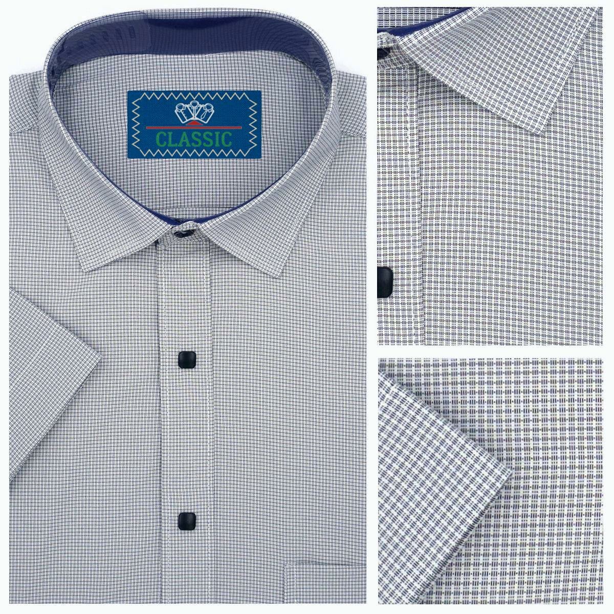 Рубашка прямая классическая с коротким рукавом мужская рубашка, светлая сорочка, на кнопках, рубаха на любой сезон, серая мелкая клетка, с карманом, с отделкой рубашка