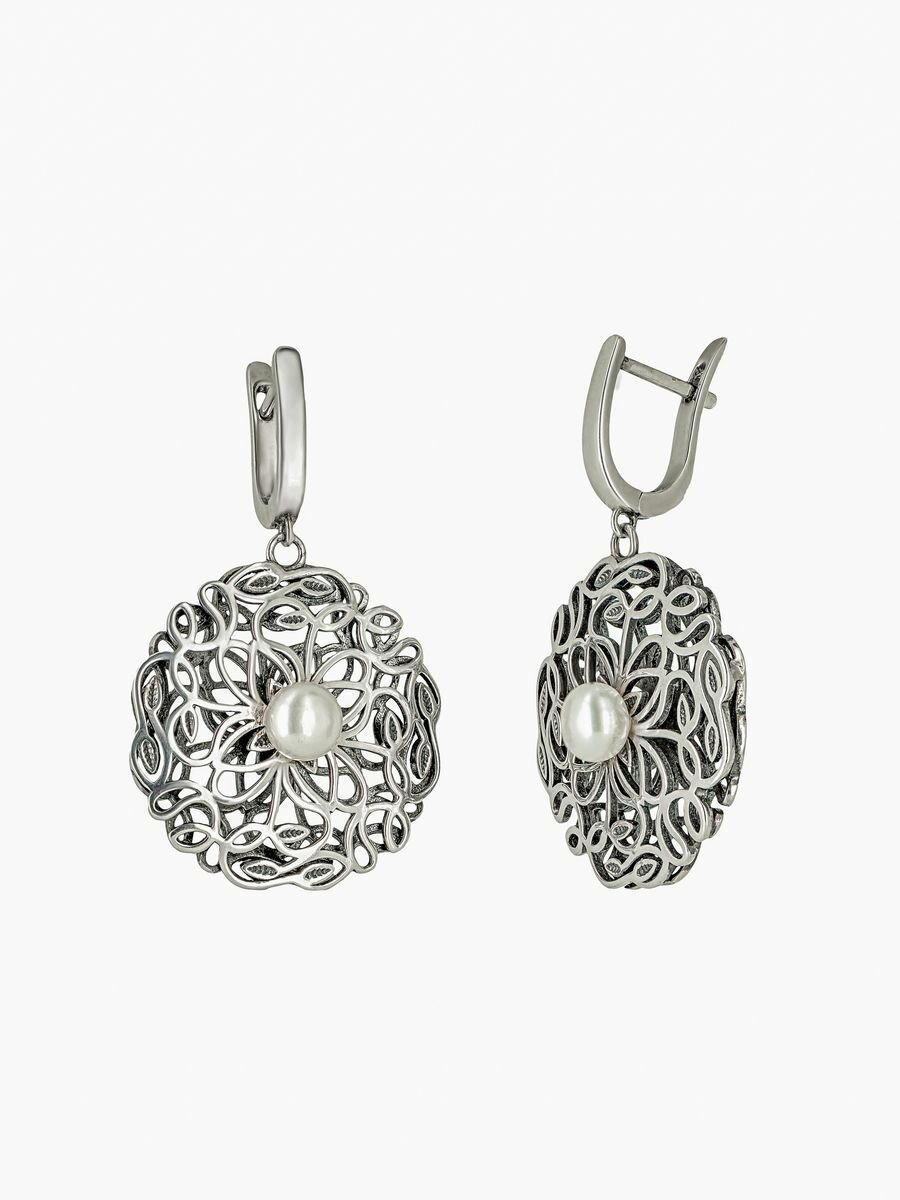 Серьги двусторонние, серебро, 925 проба, оксидирование, жемчуг культивированный