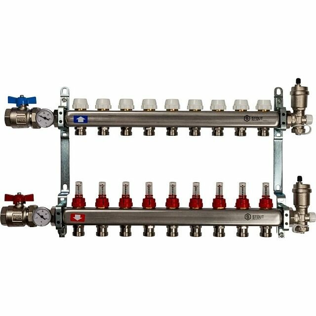 Коллектор из нержавеющей стали с расходомерами, с шаровыми кранами, клапаном выпуска воздуха и сливом на 9 выходов, STOUT, SMS-0907-000009