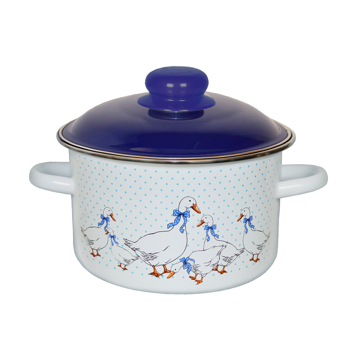 Кастрюля эмалированная СтальЭмаль Гуси с крышкой, 2 л, белый/синий
