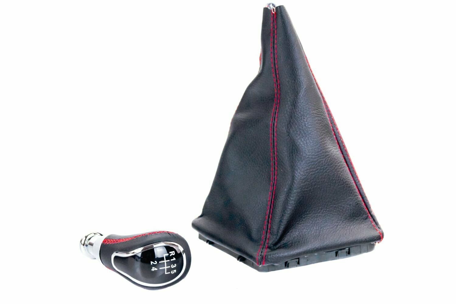 Ручка КПП в стиле Vesta с пыльником, экокожа, красная строчка, вставка хром Sal-Man на Лада Приора прямоугольный шток