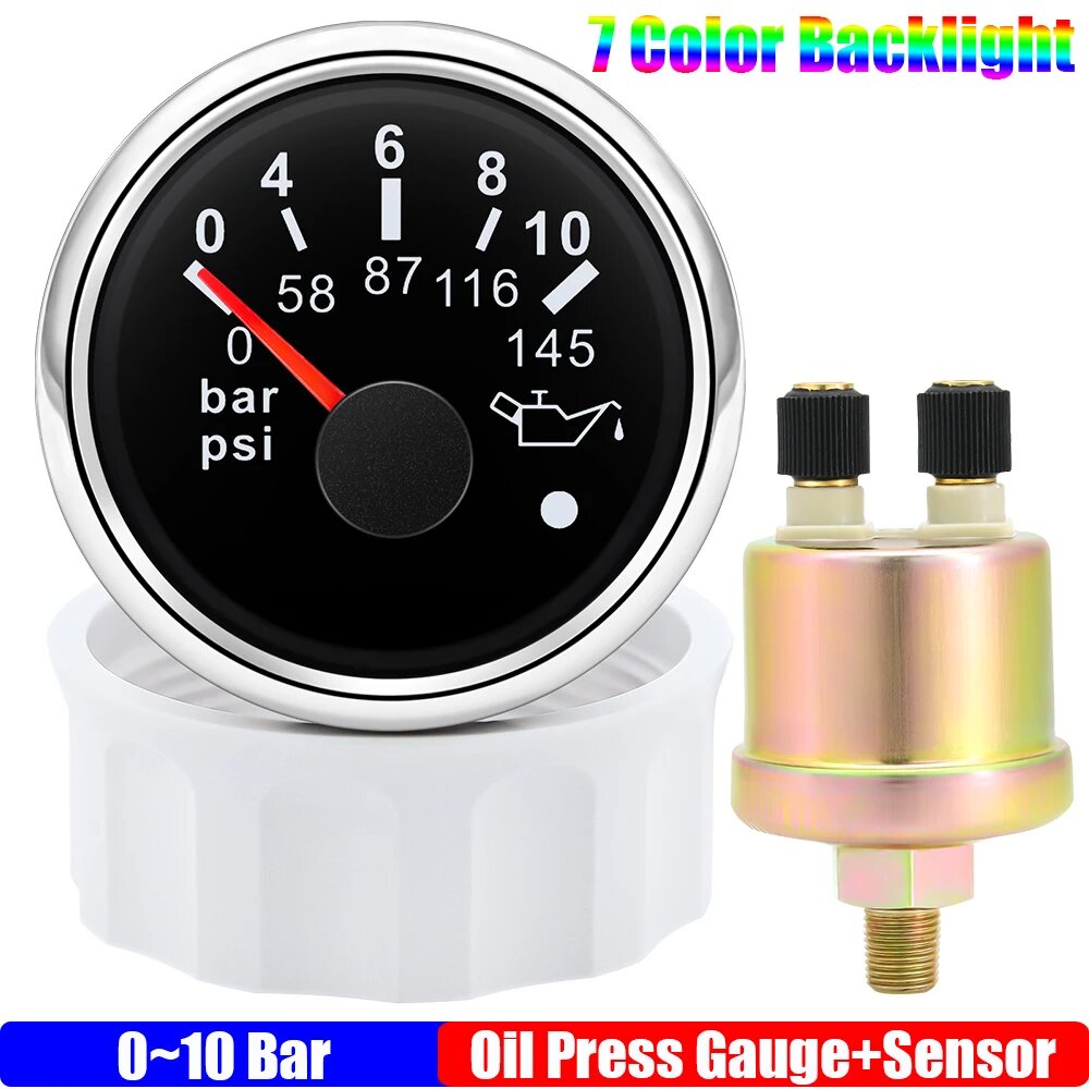 Манометр масла 0 ~ 5 бар с сигнализацией, 7 цветов, подсветка, 52 мм, измеритель масла + 0-10Bar BS