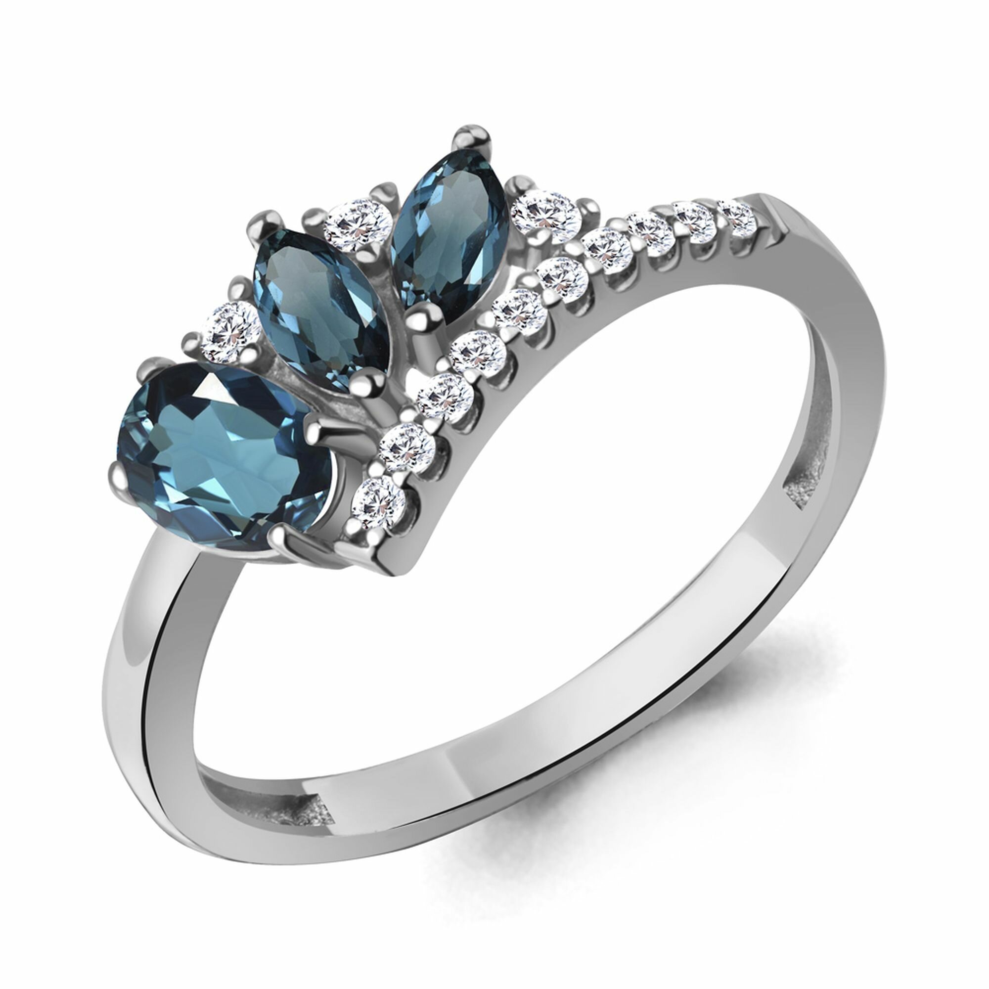 Кольцо тонкое, серебро, 925 проба, родирование, фианит, Лондон топаз