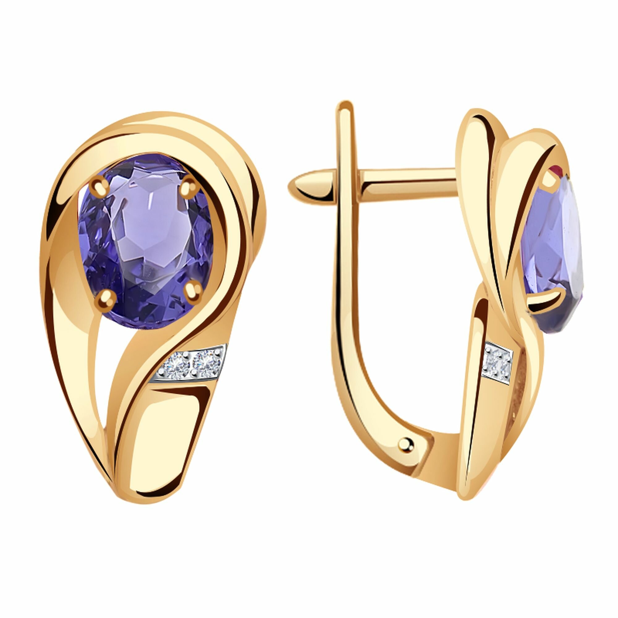 Серьги, красное золото, 585 проба, танзанит, фианит