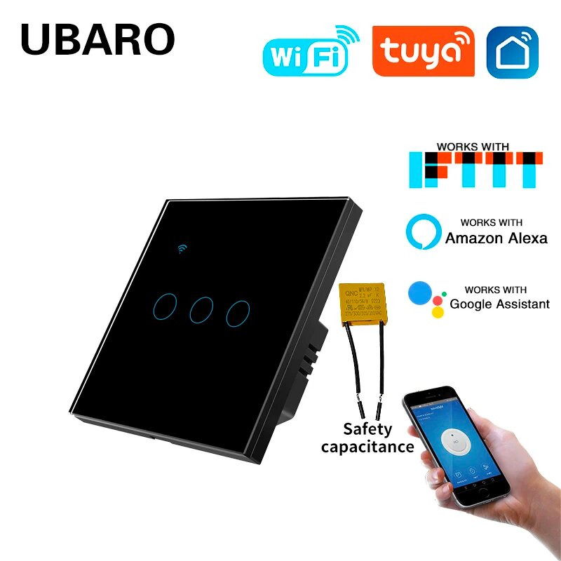 UBARO Панель из закаленного стекла ЕС/Великобритании Tuya Wi-Fi Smart Touch Switch Голосовой Google Home Alexa Alice App Remote Smart Button AC160-240V