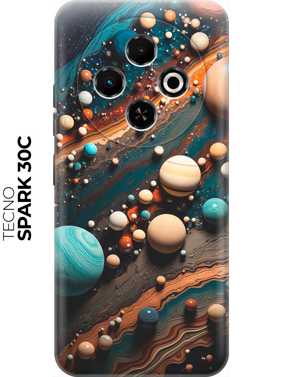 Силиконовый чехол на Tecno Spark 30C с принтом "Шары на мраморном полу" матовый черный