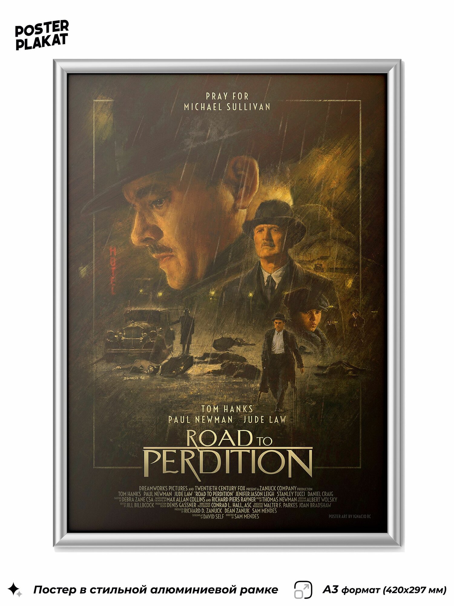 Постер Проклятый путь / Road to Perdition в раме, по мотиву фильма, 42х30 см, 001, Постер Плакат