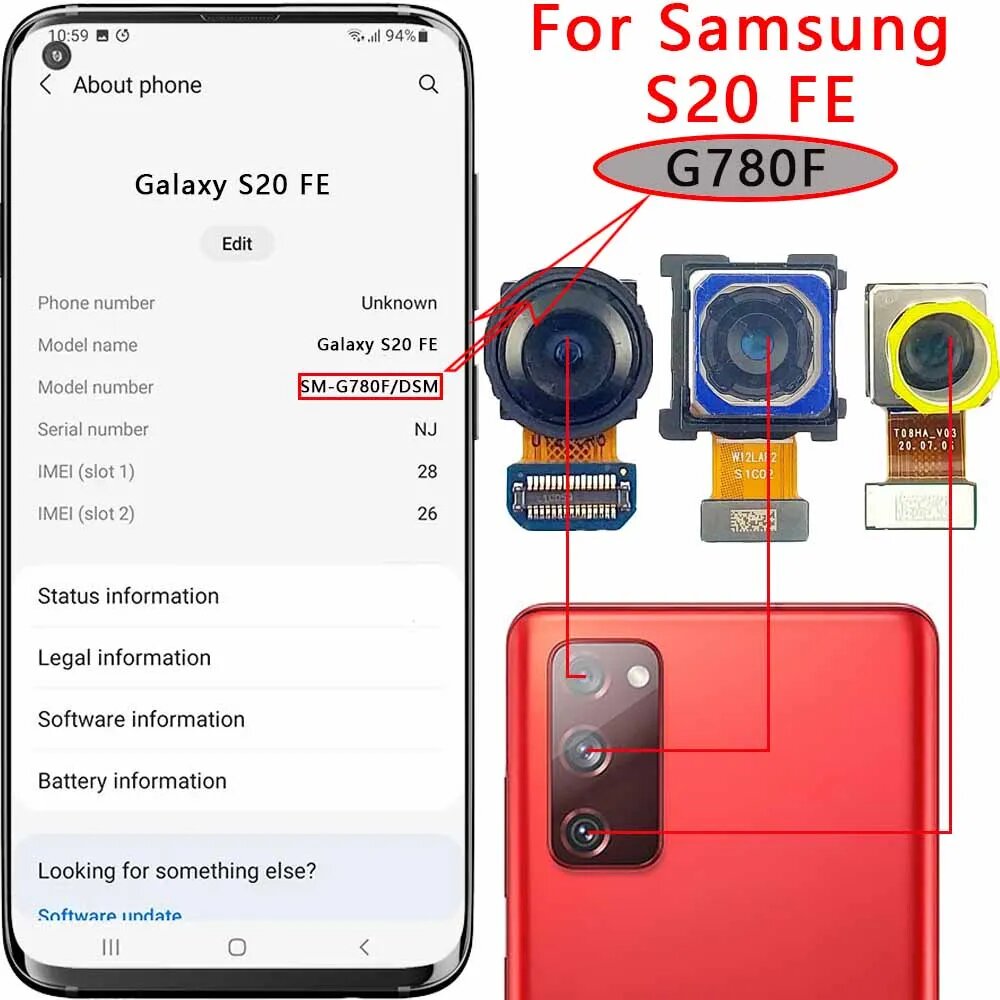 Модуль камеры Samsung Galaxy S20 FE G780F, задняя, с кабелем