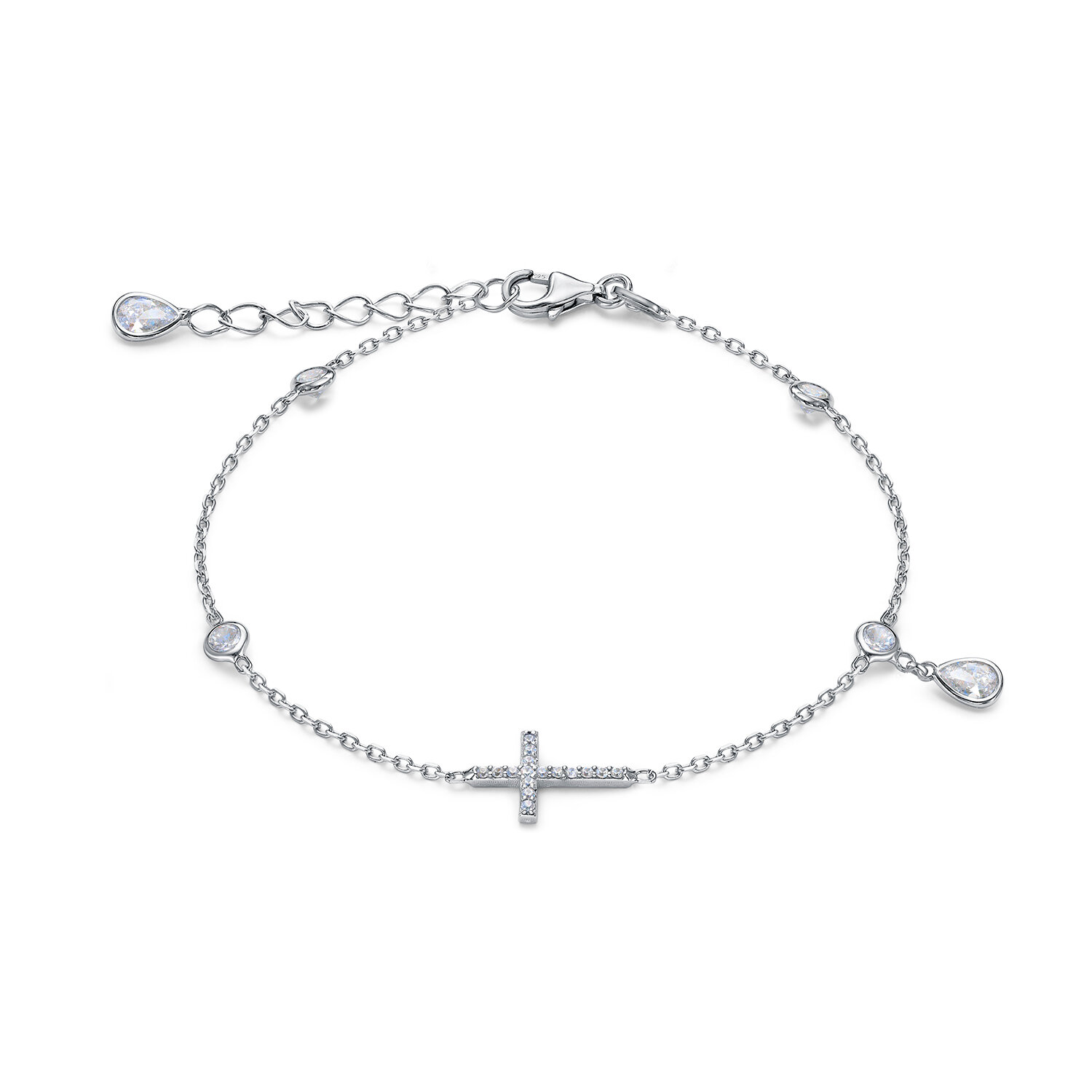 Браслет-цепочка, серебро, 925 проба, родирование, фианит