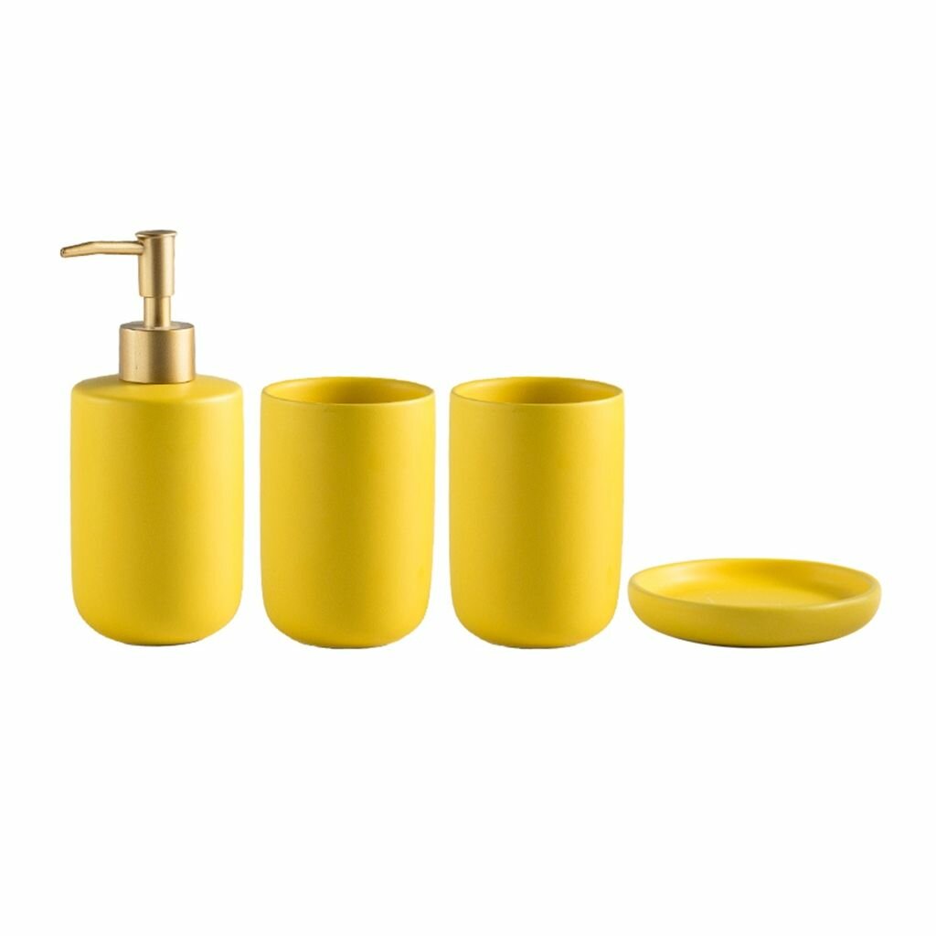 (1 комплект) Однотонный керамический набор из четырех частей для ванной комнаты-набор из четырех частей-желтый