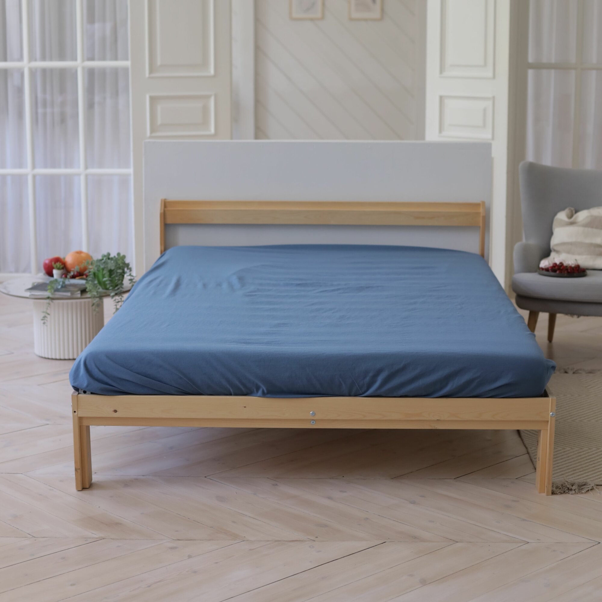 Простыня на резинке Go.Love, ЛЕН+хлопок, размер евро, цвет Синий