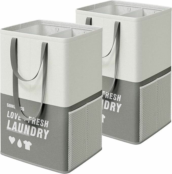 Корзина для белья SONGMICS - 2 шт, 90 л, с 2 отделениями, складная, с двойной ручкой, темно-серый, LCB209G22