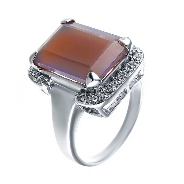 Перстень, серебро, 925 проба, родирование, агат, циркон