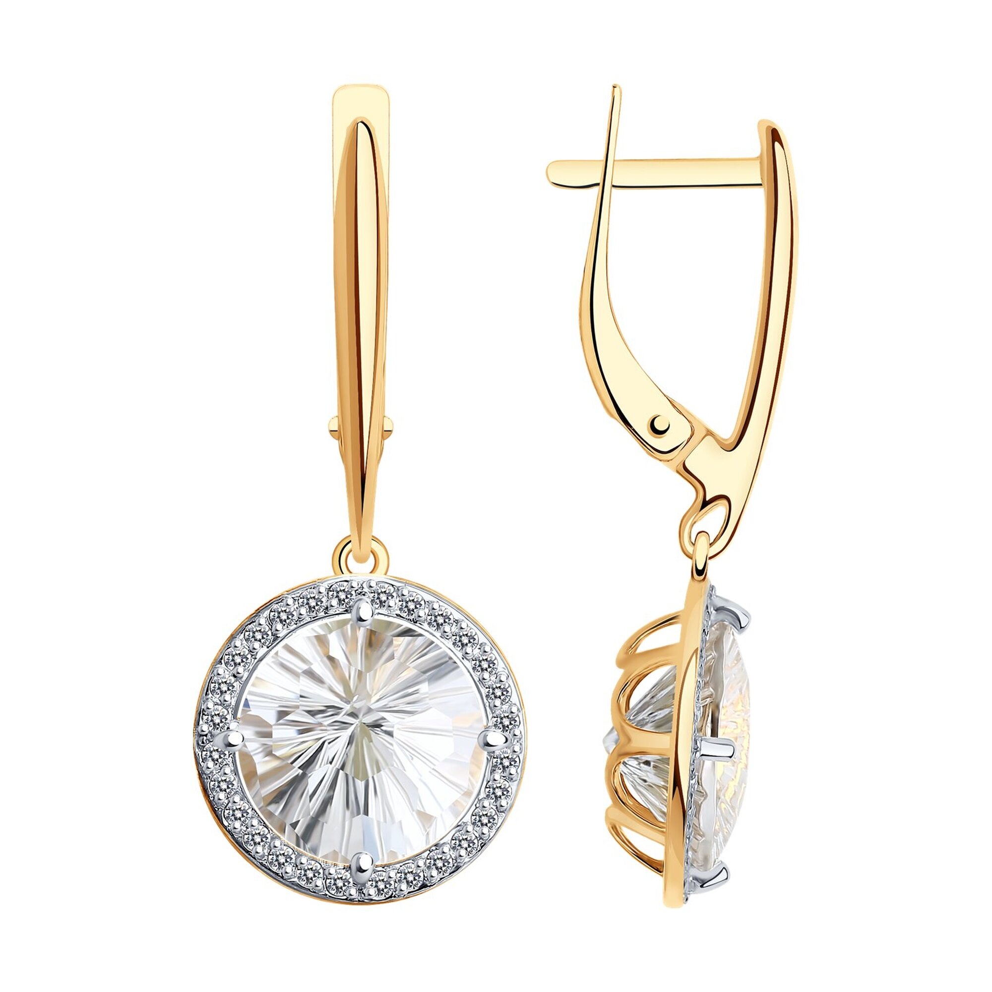 Серьги, красное золото, 585 проба, фианит, горный хрусталь