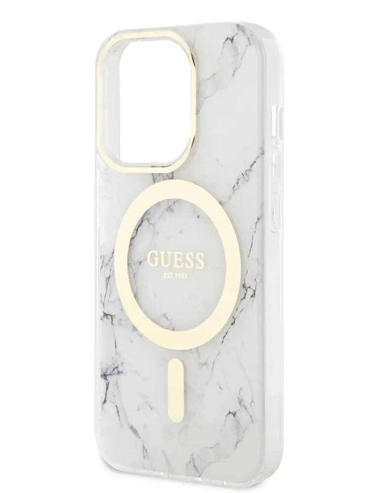 Guess для iPhone 14 Pro Max чехол MagSafe PC/TPU Marble Hard White/Gold