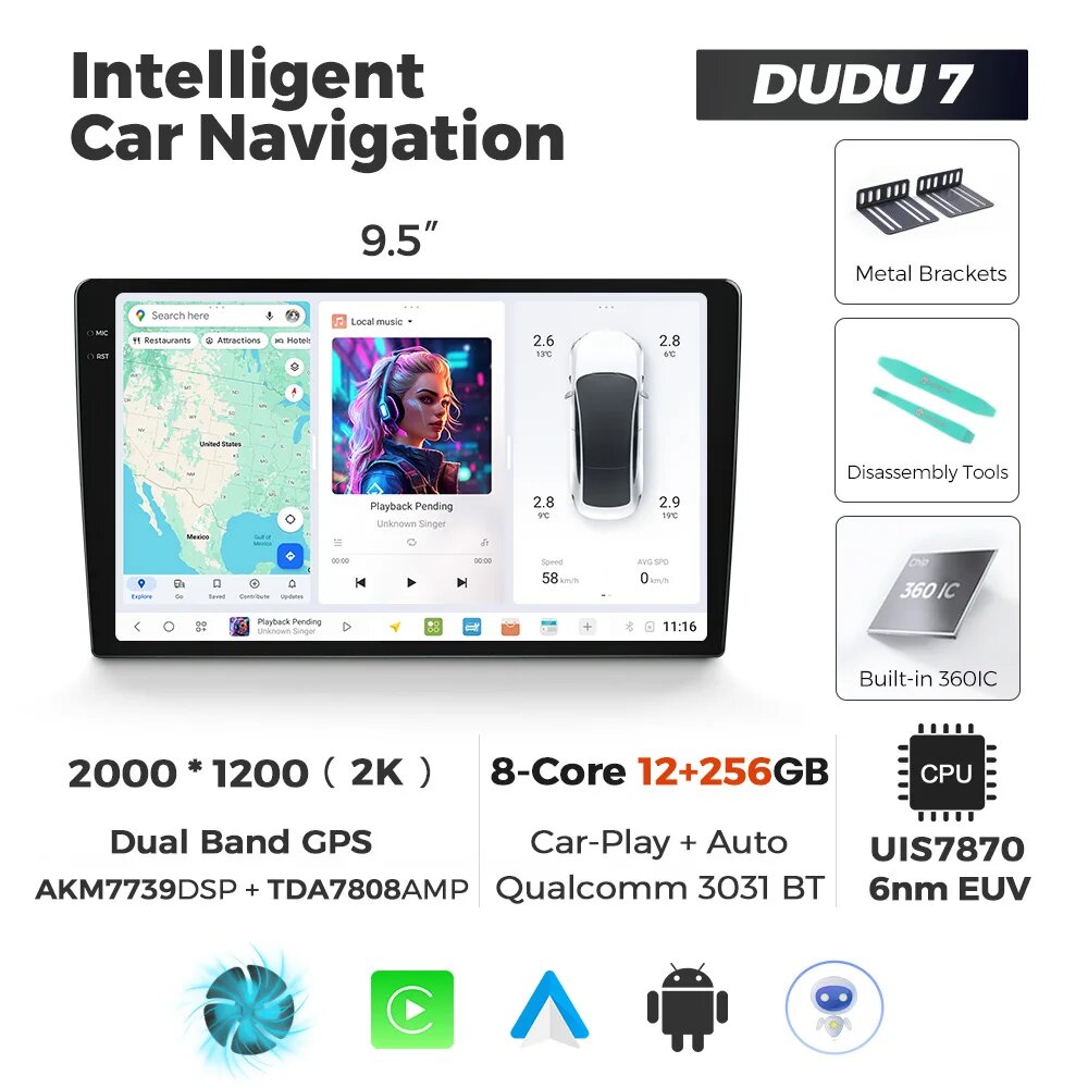 DUDUAUTO DUDU4 DUDU5 DUDU6 DUDU7 Android 13 12G + 512 ГБ Автомобильный радиоприемник GPS Navi 9,5/10,36 дюйма универсальный для Toyota VW Hyundai Kia Honda DUDU7 12-256-9.5