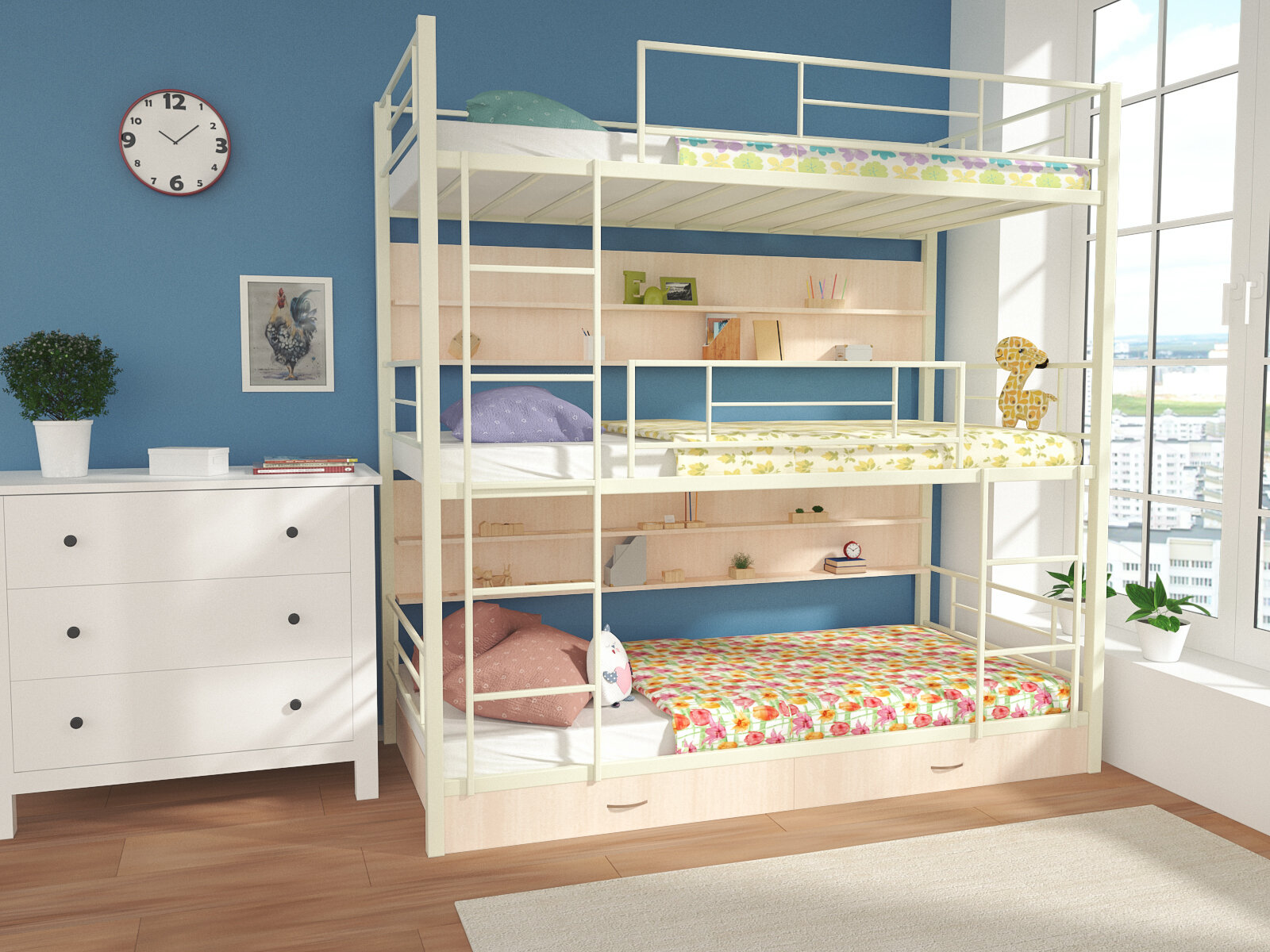 Трехъярусная кровать мебель-друг Валенсия ППЯ, металлическая, цвет бежевая/Дуб молочный