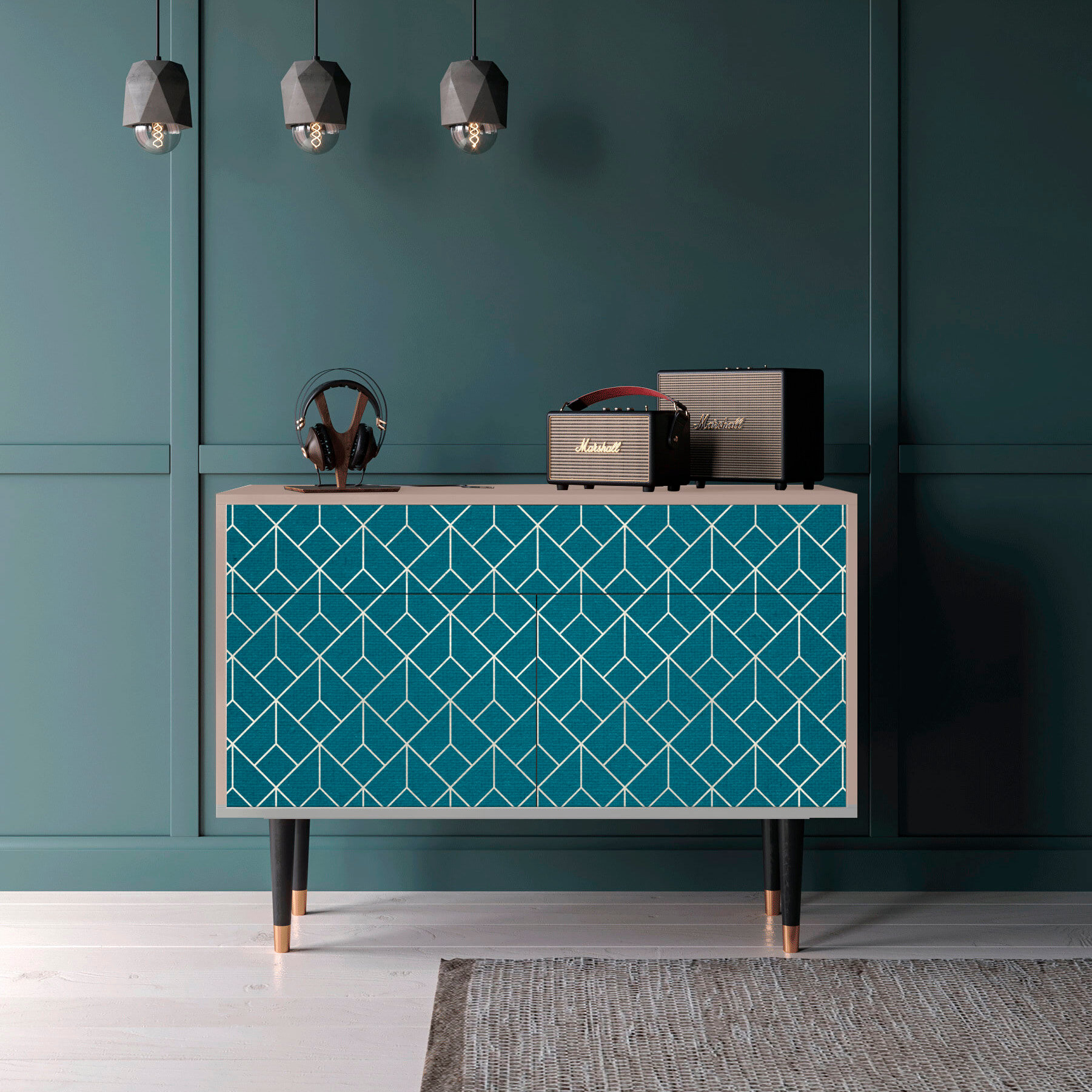 Комод - STORYZ - BS4 Turquoise Geometry, Размер - 115 x 85 x 48 см, Цвет корпуса - Бежевый