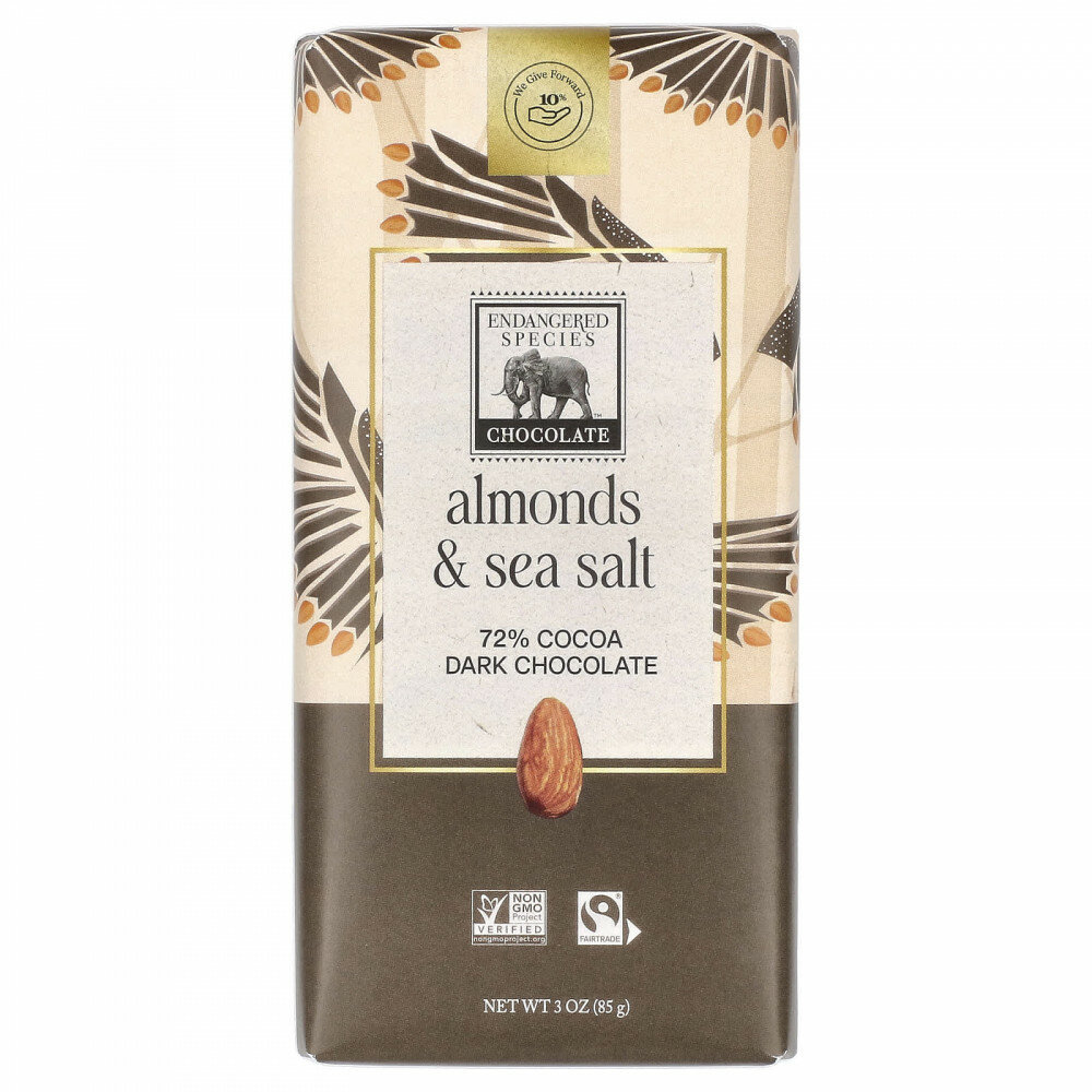 Endangered Species Chocolate, тёмный шоколад с миндалём и морской солью, 72% какао, 85 г (3 унции)