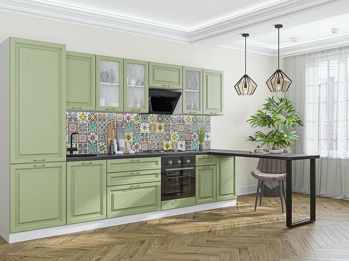 Кухня Ницца-02, цвет фасада Дуб оливковый, цвет каркаса Белый, 2140*3300*600 мм