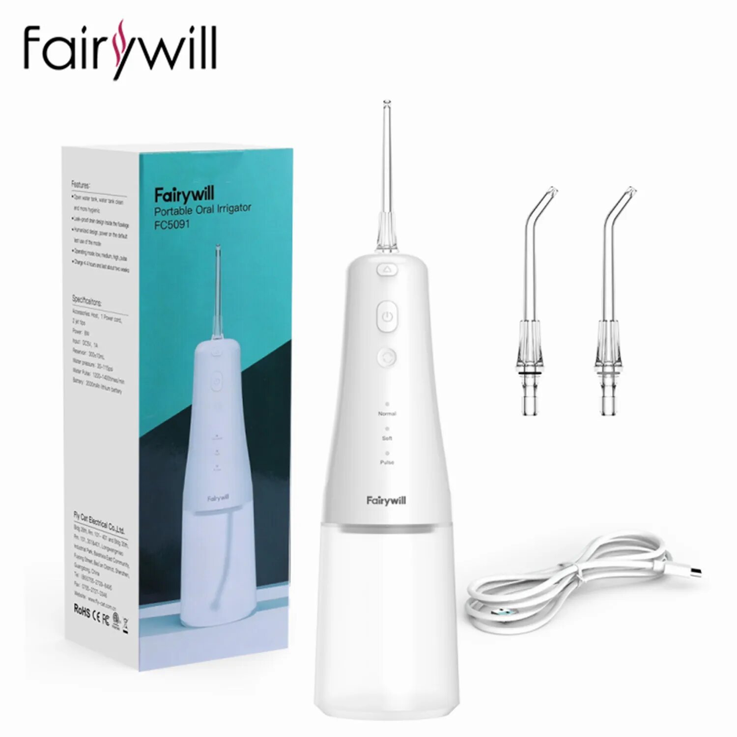 Беспроводной ирригатор Fairywill, 3 режима и 2 сменных насадки, съемный резервуар для воды на 300 мл, Ipx7, водонепроницаемый ирригатор для полости рта