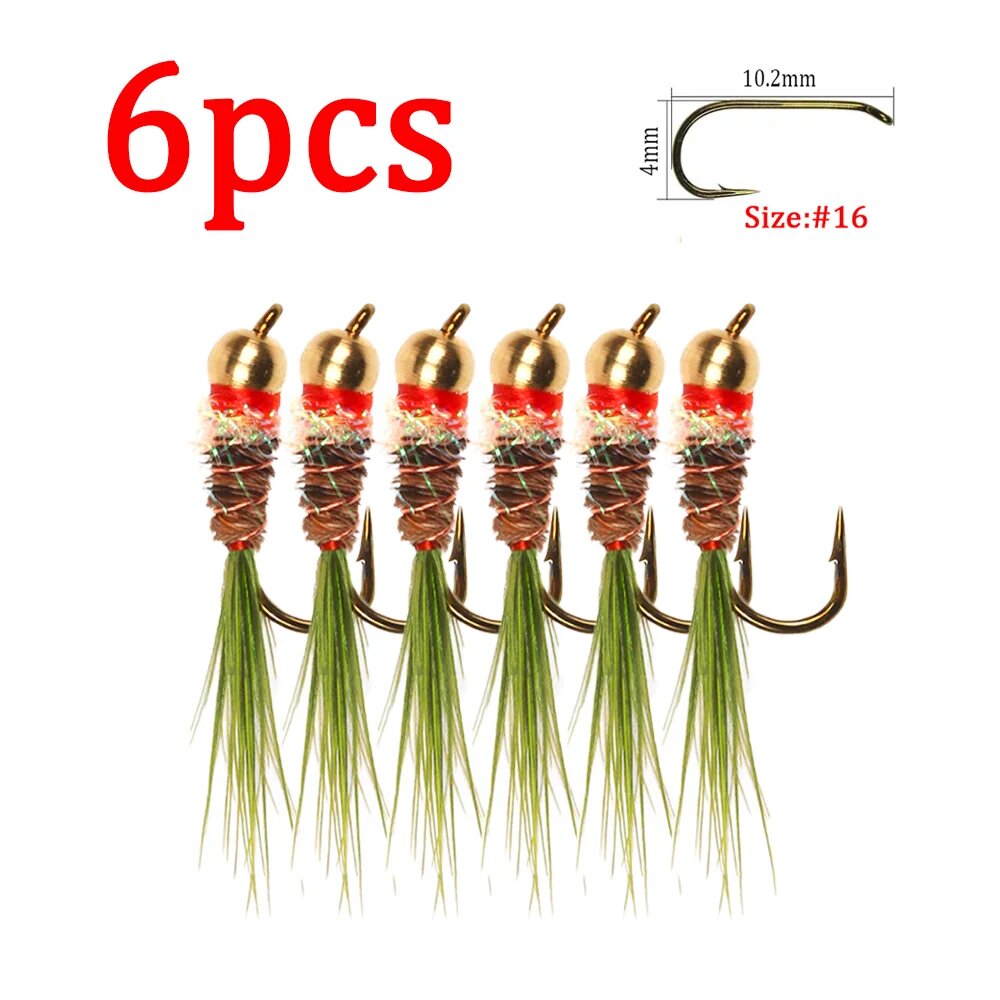 Wifreo 6 шт. #16 латунная головка из бисера, французская Нимфа, Рыболовные Мухи, европейские нимпы, мокрая муха с бородкой для форели, серая рыболовная приманка, приманки