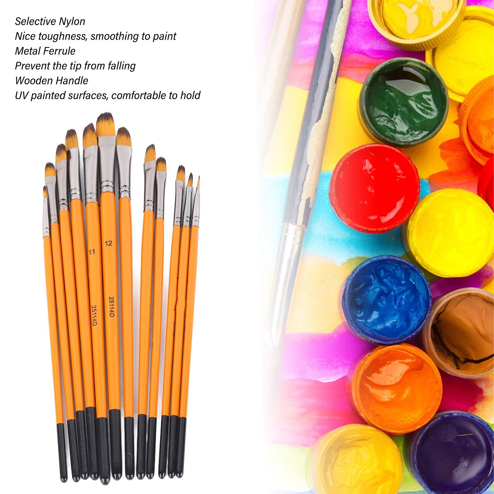 12 шт, кисти для акриловых красок, сглаживающие нейлоновые деревянные ручки, металлические наконечники, широко используемые художественные кисти для рукоделия, оранжевая ручка, кончик фундука