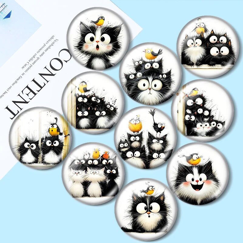 Кабошон котик черный белый стекло 10 шт Черный, 12 мм, 10pcs-BG9036-mixed