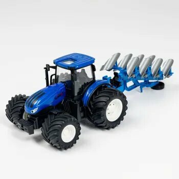 Машинка на пульте управления синий трактор с плугом