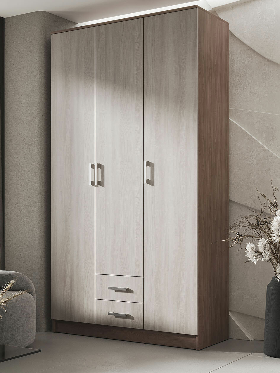 Распашной шкаф для одежды и хранения вещей Трио с полками, со штангом, с ящиками, 120х48,7х220 см, Ясень Шимо темно-светлый