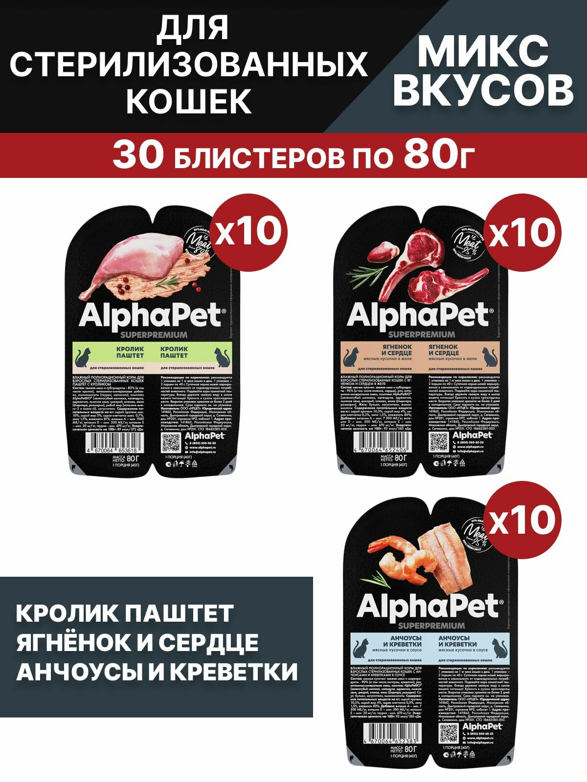 Влажный полнорационный корм для взрослых стерилизованных кошек AlphaPet Superpremium, Микс вкусов, 80г * 30шт