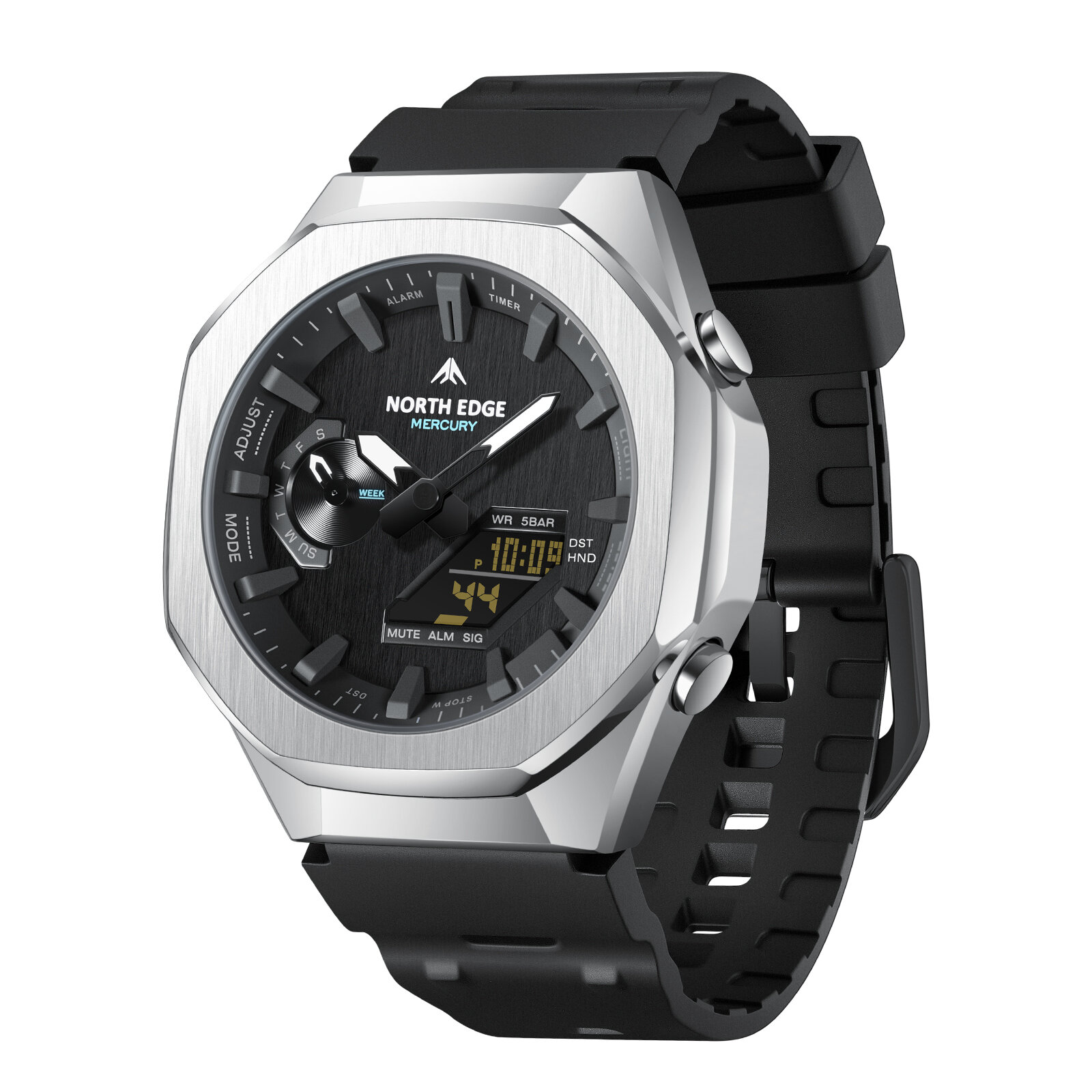 NORTH EDGE MERCURY Series Dual Display Sports Electronic Quartz Watch, zinc alloy case, 43.5mm diameter, 50mm length, 14.1mm thickness, 34.3mm crystal, TPU strap 25mm width, 101g weight, silver, black, 50m water resistance, FSTN screen, luminous hands,