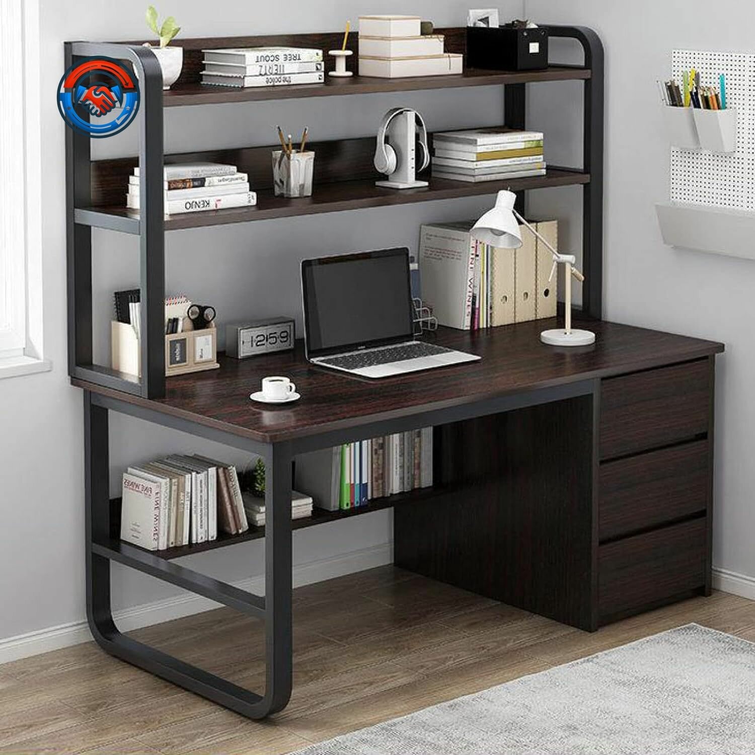 Компьютерный стол 120x50 см в цвете черный орех, игровой и учебный стол с полкой и тремя ящиками, рабочая станция для дома и офиса, легкая сборка
