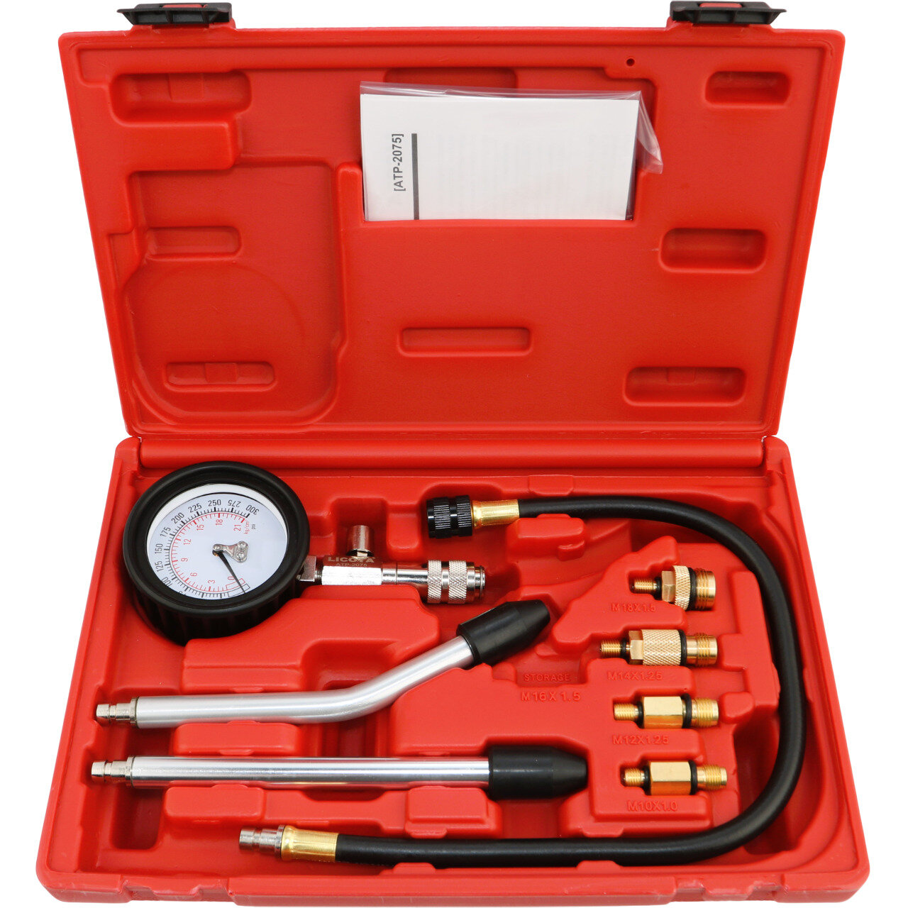 Licota ATP-2075 Компрессометр бензиновый, набор с гибкой, 2-мя жесткими насадками и переходниками