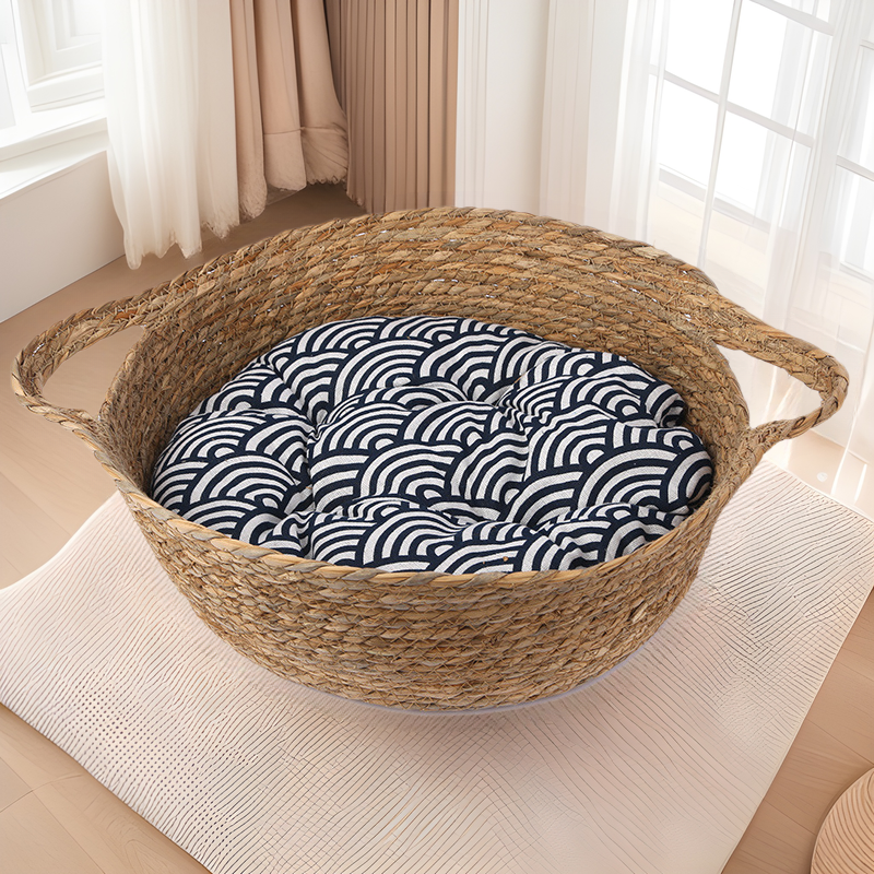 Плетеная из ротанга собачья и кошачья кровать размер S, без подушки, натуральная соломенная ткань, прочная и удобная