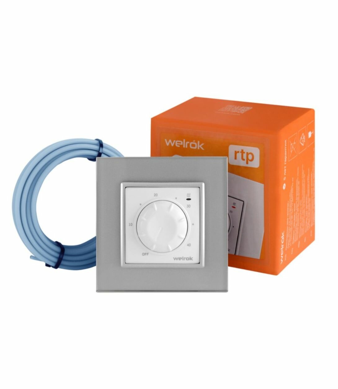 Терморегулятор Welrok RTP, механический, с датчиком пола 3 м, белый с серой рамкой, совместим с LIVOLO