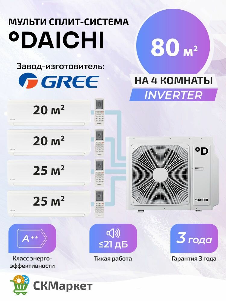 Мульти сплит система на 4 комнаты Daichi ICE (20+20+25+25) ICE20х2+ ICE25х2/ DF80A4MS1R, для помещений 90 кв. м, кондиционер инверторный белый