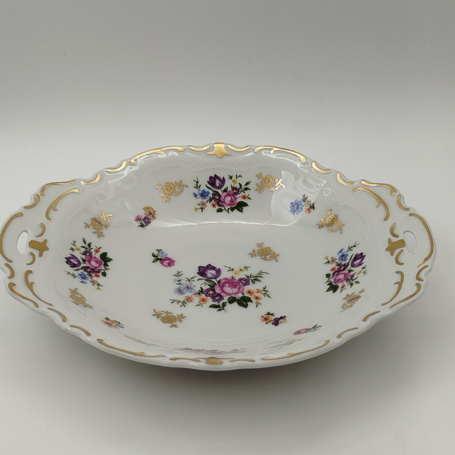 Сухарница с двумя ручками и цветочным декором, фарфор, деколь, золочение