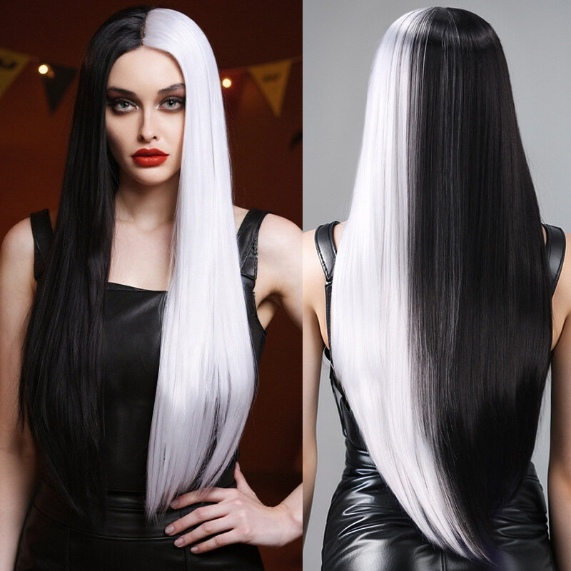 2026cos Парик 101 Верная Круэлла де Виль Черно-белая ведьма Цветной блок Короткие кудрявые волосы