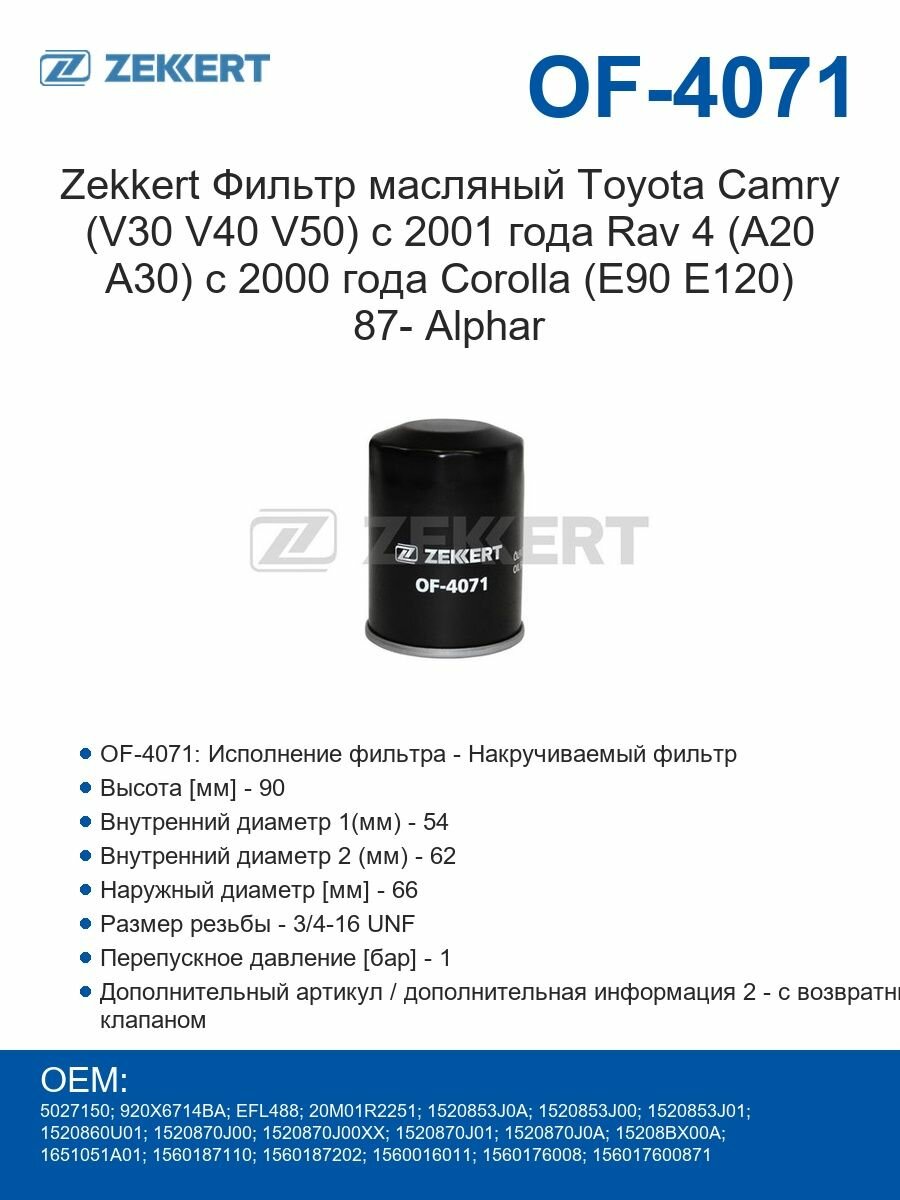 Zekkert Фильтр масляный Toyota Camry (V30 V40 V50) с 2001 года Rav 4 (A20 A30) с 2000 года Corolla (E90 E120) 87- Alphar