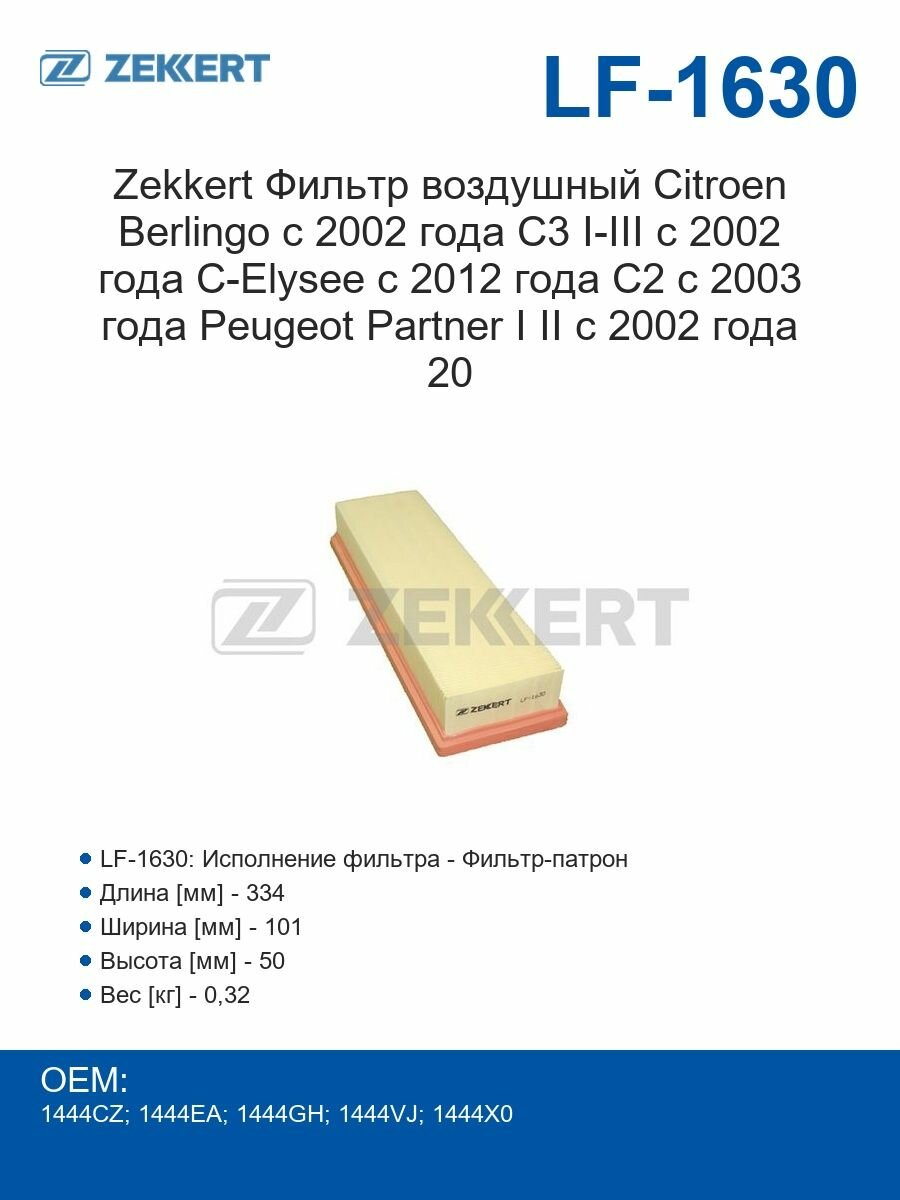 Zekkert Фильтр воздушный Citroen Berlingo с 2002 года C3 I-III с 2002 года C-Elysee с 2012 года C2 с 2003 года Peugeot Partner I II с 2002 года 20